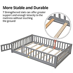 LLS Full Floor Bed for Children, Durable Montessori Floor Bed with Wood Slats, Safety Fence & Small Door, Wood Floor Bed Frame for Girls Boys and Children, Gray (with Bed Slats)