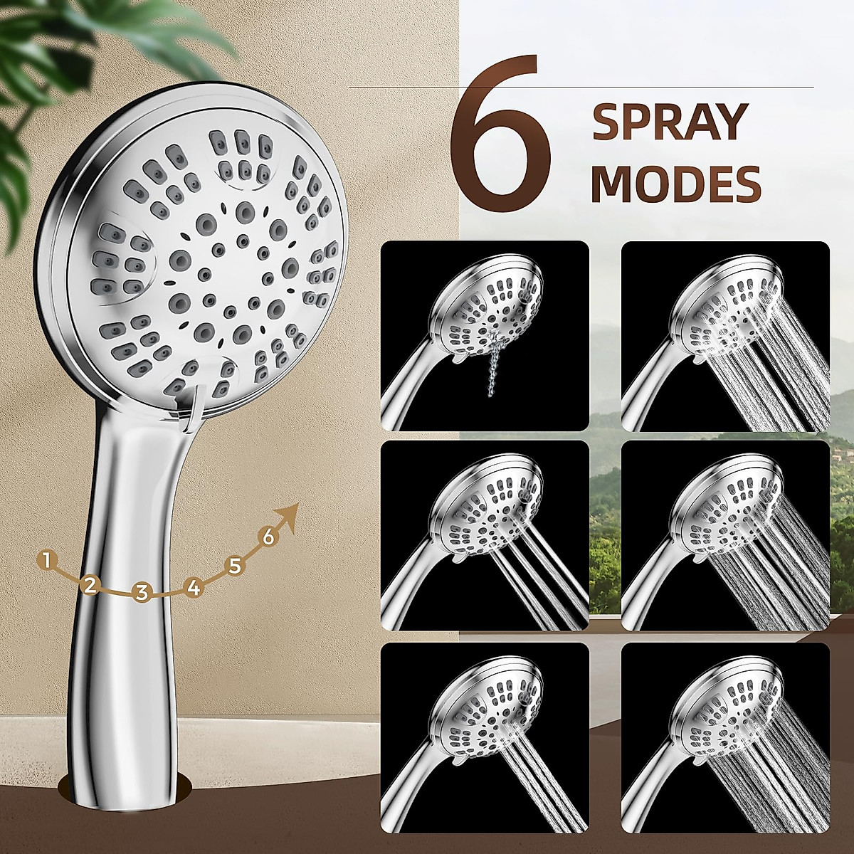 High Pressure Shower Heads with Handheld 6 Spray Settings Detachable Shower Head Set with Extra Long Hose 60 Inches Multi Angle Adjustable Brass Swivel Ball Bracket for Low Water Pressure