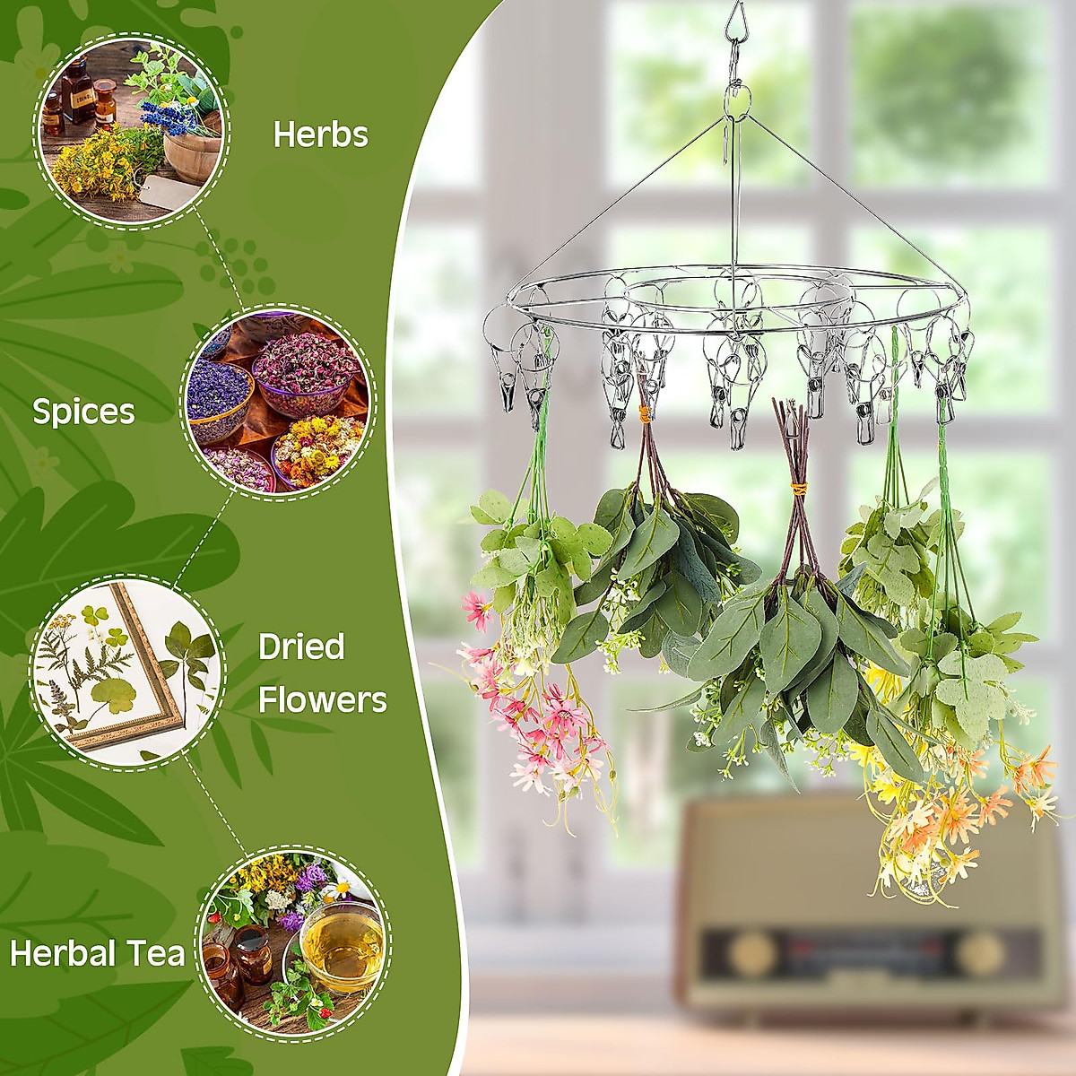 4 Pcs Hanging Drying Rack for Herb Macrame Flower Drying Rack with Stainless Clip Herb Dryer Hooks for Drying Herb Air Plants Spices Flowers Hydroponic Plants Ready to Use with Ceiling Hook (Round)