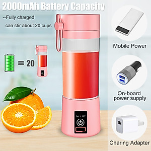 Personal Blender for Shakes and Smoothies, USB Rechargeable Shaker, Portable Juicer with Six Cutters, 380ML Juice Bottle for Travel Gym（Pink）