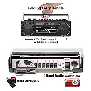 Riptunes Cassette Boombox, Retro Blueooth Boombox, Cassette Player and Recorder, AM/FM/SW-1-SW2 Radio-4-Band Radio, USB, SD, and Aux in, Black