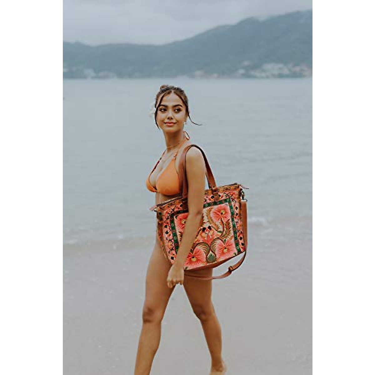 changnoi Embroidered Tote Bag with Adjustable Leather Crossbody Strap
