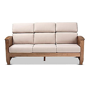 Baxton Studio Charlotte Modern Classic Mission Style Taupe Fabric Upholstered Walnut Brown Finished Wood 3-Seater Sofa