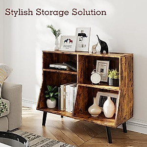 Ethlomoer Storage Organizer BookShelf with Outlets, 3 Tier Mid-Century Modern Bookcase with Legs, Freestanding Wood Open Bookcase, Retro Industrial Horizontal Bookcase for Bedroom, Living Room, Office