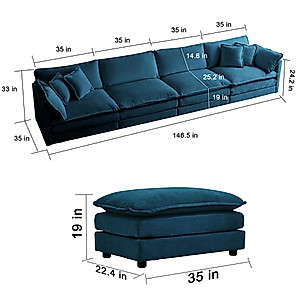 kevinplus 146.5'' Blue Large Sectional Sofa Couch U-Shaped with Ottoman for Living Room, Modern Contemporary Modular Sofa Couch for Apartment Office, Chenille Fabric (4-Seat Couch + 2 Ottoman)