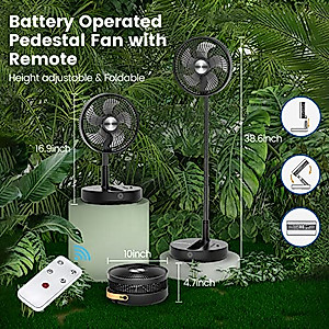 Primevolve 10" Portable Oscillating Fan, Up to 32 Hours Battery Operated Fan with Remote, Foldaway Fan with Adjustable Height, 4 Speeds & Timer, Rechargeable Fan for Bedroom Camping Travel