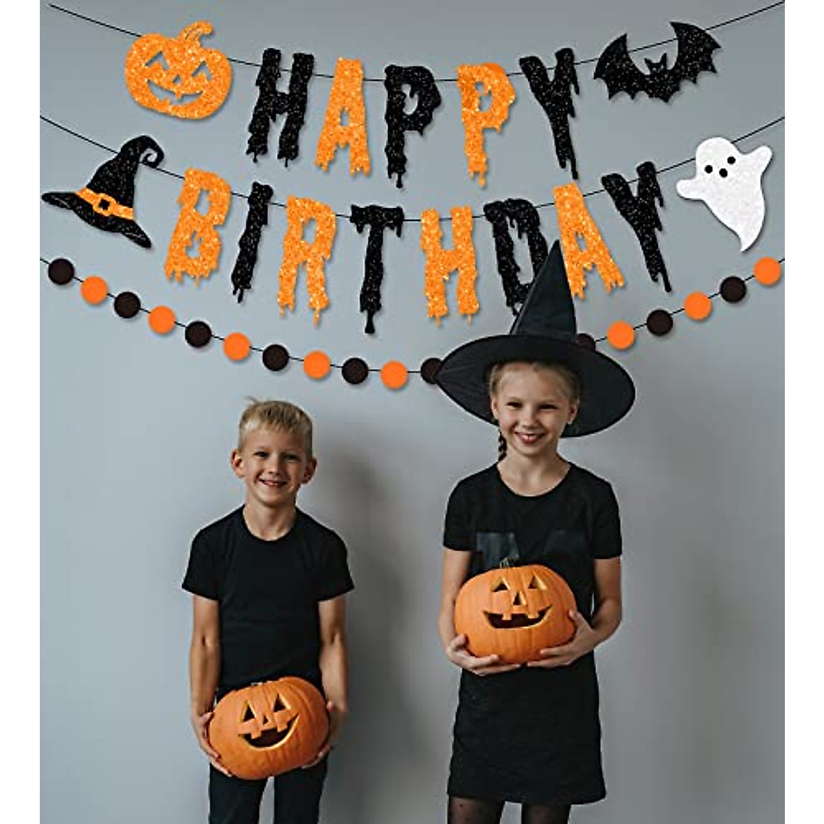 PTFNY Glittery Halloween Happy Birthday Banner Black Orange Halloween Birthday Bunting Banner Halloween Circle Dots Garland Halloween Themed Birthday Party Decorations for Wall Fireplace Party Decor