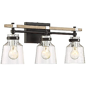 Possini Euro Design Broadway Modern Industrial Wall Light Black Painted Faux Wood Hardwired 23" 3-Light Fixture Clear Seedy Glass Shade for Bedroom Bedside Bathroom Vanity Living Room Hallway House