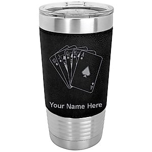 LaserGram 20oz Vacuum Insulated Tumbler Mug, Royal Flush Poker Cards, Personalized Engraving Included (Faux Leather, Black)