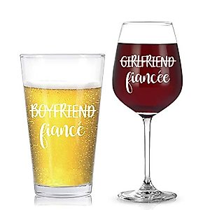 Boyfriend and Girlfriend Beer and Wine Glasses Set of 2 15Oz, Unique Fiance and Fiancee Gift Set - Perfect Engagement Gifts for Couples Fiance Fiancee Him Her Bride Groom Mr Mrs Him Hers