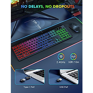 Wireless Keyboard and Mouse Combo - RGB Backlit, Rechargeable & Light Up Letters, Full-Size, Ergonomic Tilt Angle, Sleep Mode, 2.4GHz Quiet Keyboard Mouse for Mac, Windows, Laptop, PC, Trueque