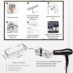 Noele 2-Pack Shower Caddy with Removable Hooks, Adhesive Shower Basket Shelves No Drilling, Rustproof Aluminum Storage Organizer Rack for Bathroom Toilet Kitchen