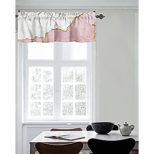 ZFUNCING Kitchen Cafe Valance Curtain for Small Windows,Natural White and Pink Wild Marble Rod Pocket Short Blackout Curtains,Gold Line Stone Texture Window Treatment for Living Room Bedroom Bathroom