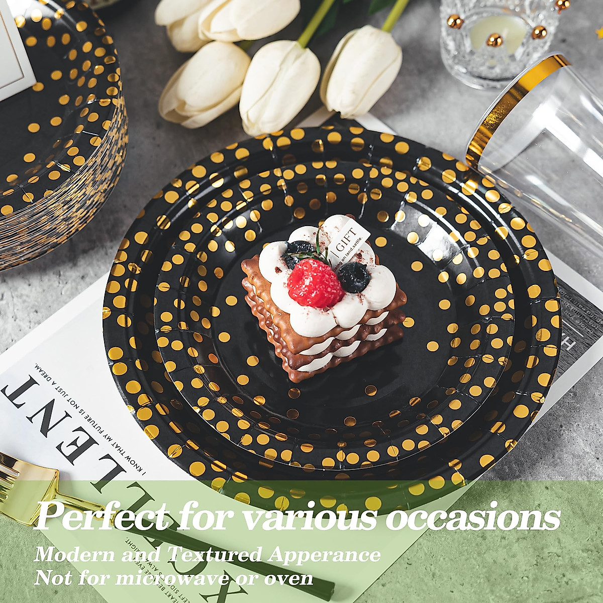 Lullaby 120PCS Black Paper Plates, Black and Gold Paper Plates, 60pcs Dinner Plates 9"，60pcs Dessert Plates 7", Disposable Graduation Plates with Golden Dot for Birthday party, Halloween