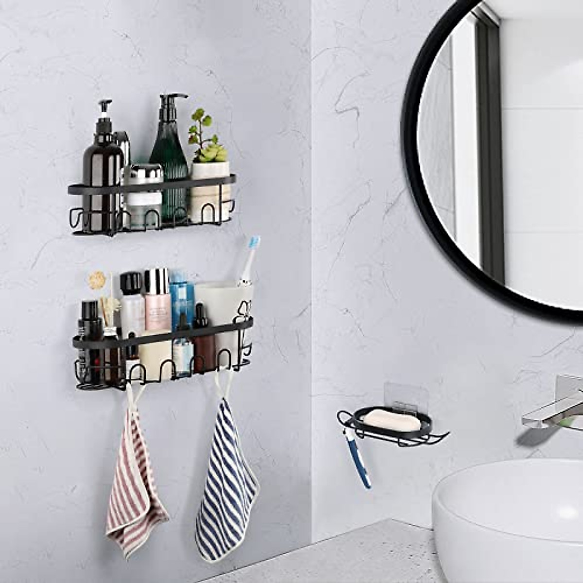 TARNABY Shower Caddy, RustProof Stainless Steel Shower Organizer Shelf, No Drilling Traceless Adhesive Shower Storage Rack for Bathroom, Kitchen（Black 3Pack