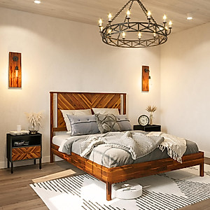 Bme Vivian 14 Inch Deluxe Bed Frame with Headboard, Rustic & Scandinavian Style with Solid Acacia Wood, No Box Spring Needed, 12 Strong Wood Slat Support, Easy Assembly, Queen, Rustic Golden Brown