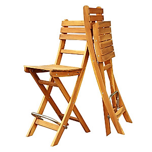INTERBUILD REAL WOOD Acacia Hardwood Foldable Sofia Bar Height Chair with Foot Rest, 26" Tall, 2 Piece Set - Golden Teak