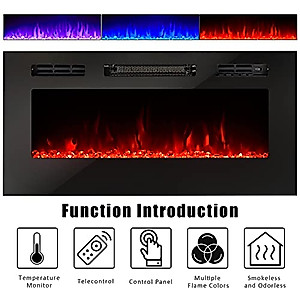 AMERLIFE Floating TV Stand with 36" Electric Fireplace, High Gloss Finish Wall Mounted Fireplace Entertainment Center with Storage for TVs Up to 78", Black