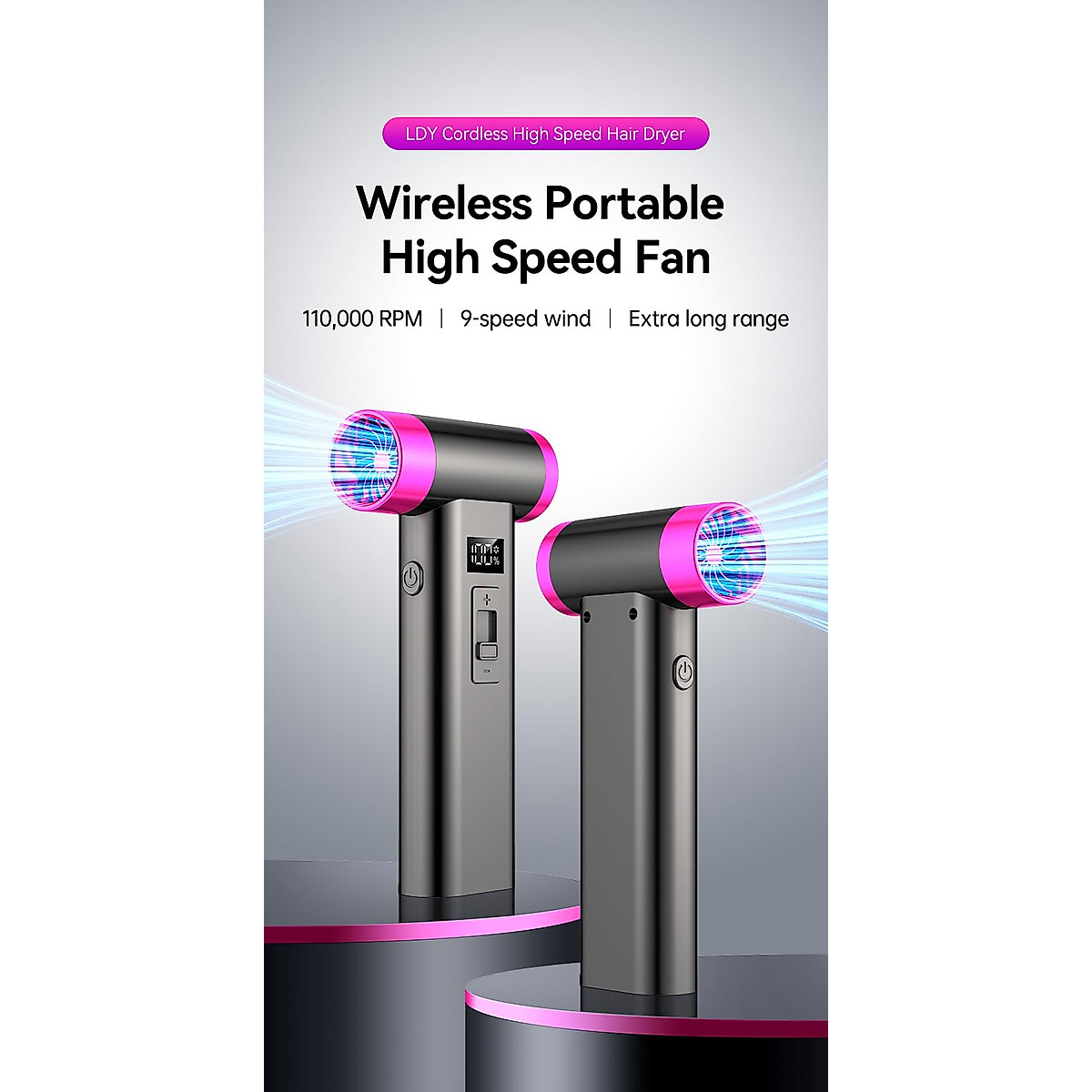 Turbine Engine Fan, Portable Rechargeable Wireless Blow Dryer, USB Rechargeable Hair Dryer, 4 Levels Wind Speed Adjustment, Wireless Hair Dryer for Home/Travel Hair Care Dryer