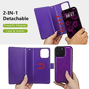 Varikke for iPhone 14 Pro Max Wallet Case Detachable with Card Holder for Women, Fashion Glitter Leather Strap Magnetic Flip Wallet Removable Phone Case Cover for iPhone 14 Pro Max 6.7", Dark Purple