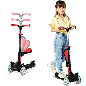 Kids Scooter – Foldable Seat – LED Wheel Lights Illuminate When Rolling – Children and Toddler 3 Wheel Kick Scooter – Adjustable Handlebar – Indoor and Outdoor- Pink - by Lifemaster