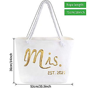 Wifey Bride Tote Bag for Wedding with Zipper Mrs. EST. 2021 Large Beach Shoulder Bride Bag for Engagement with Gold Sequin Shower Honeymoon Gift White