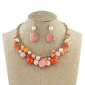 Coiris Women's Beaded Strand Statement Necklace Beads Collar (N0002-Coral Orange)