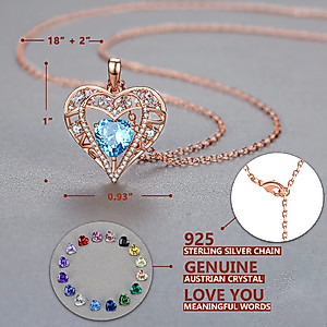 GEMMANCE 5 Heart Crystal Pendant Necklace - 925 Sterling Silver Chain - 18K Rose Gold Plated - Aqua Blue - 18”+2” Birthstone Jewelry for Women - Gifts for Birthday, Christmas