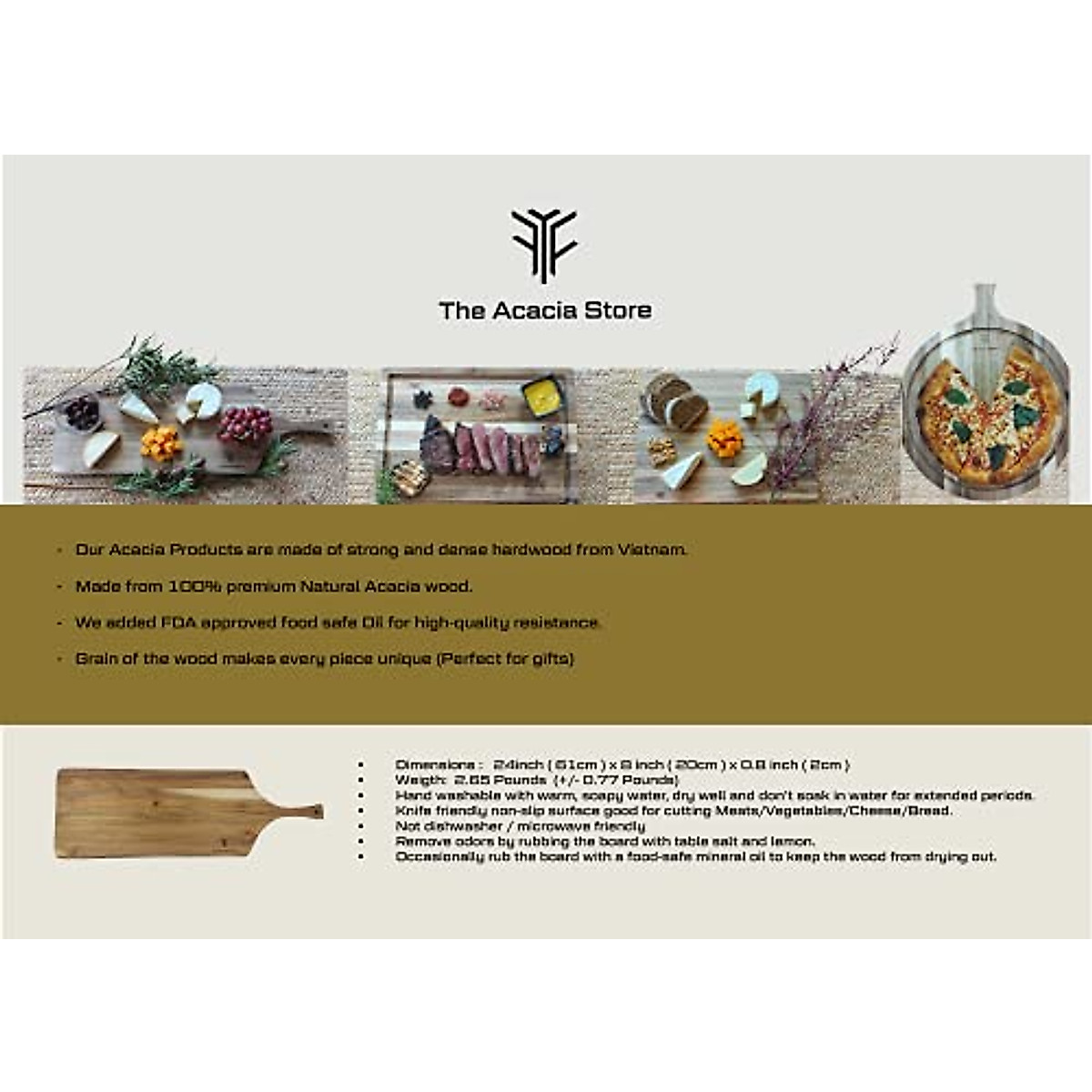 Acacia Wood Long Charcuterie Board, Made in Vietnam 24 x 8 x 0.8 Inch