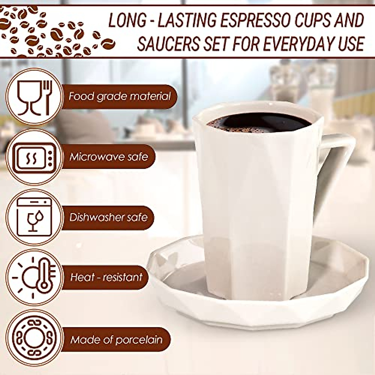 Porcelain Espresso Cups Set of 4 with Saucers - Comes with a Complimentary Espresso Drink Poster - Modern Dishwasher Safe Espresso Cup Set in Gift Box for any Occasion - 3.5 oz each, Ivory White.