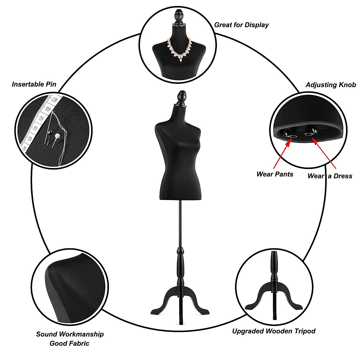 HAORUI Dress Form Mannequin Torso with Adjustable Tripod Stand, Pinnable Female Mannequin Body Manikin for Sewing, Dressmaker, Home Decor, Jewelry Display (Black)