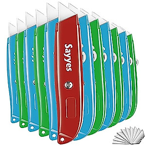 sayyes 12-Pack Box Cutter, Aluminum Durable Retractable Utility Knife with 60-Piece SK5 Blades, Box Cutter for Ropes, Boxes, Plastics, DIY