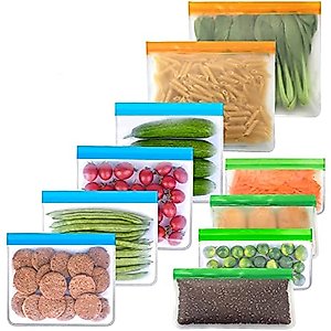 10 Pack BPA Free Reusable FoodStorage Ziplock Bag Silicone, eakproof,Durable and EcoFriendly Freezer for Lunch,Snacks,Fruits,vegetables Marinate Meats-2 Large,4 Medium 4 Small, Multicolor, 1 Count