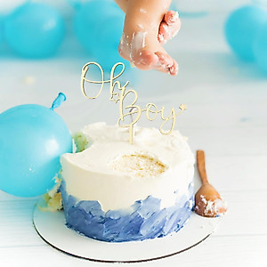 CC TOWN Oh Boy Cake Topper -Wooden Oh Boy Cake topper, Baby Shower, Gender Reveal, It's a Boy Party Cake Decorations Supplies