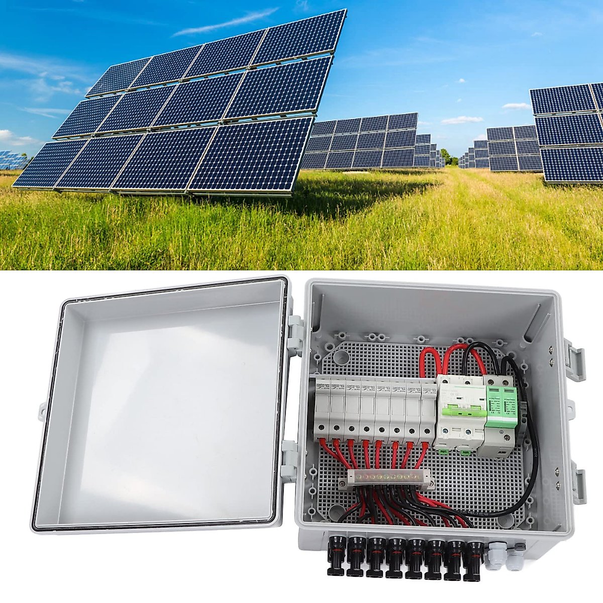 Focket 8 String PV Combiner Box, Waterproof Solar Combiner Box with 80A Circuit Breaker, 10A Rated Current , Arreste & Solar Connector for On/Off Grid Solar Panel System
