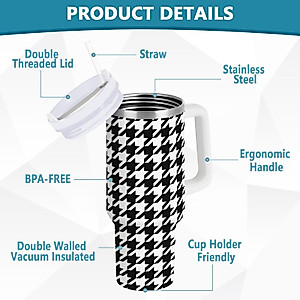 susiyo 40 oz Tumbler with Handle, Houndstooth Insulated Water Bottle Stainless Steel Reusable Iced Coffee Cup Fit in Car Holder, BPA Free, Leak Proof,Keeps Cold or Hot
