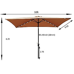 10*6.5ft Solar Patio Umbrella, 26 LED Lighted Rectangular Market Umbrellas with Crank & Push Button Tilt, Table Outdoor Patio Umbrella with Fade-Resistant Polyester Canop, 6 Heavy Duty Square Ribs for Garden Swimming Pool Backyard, Brown