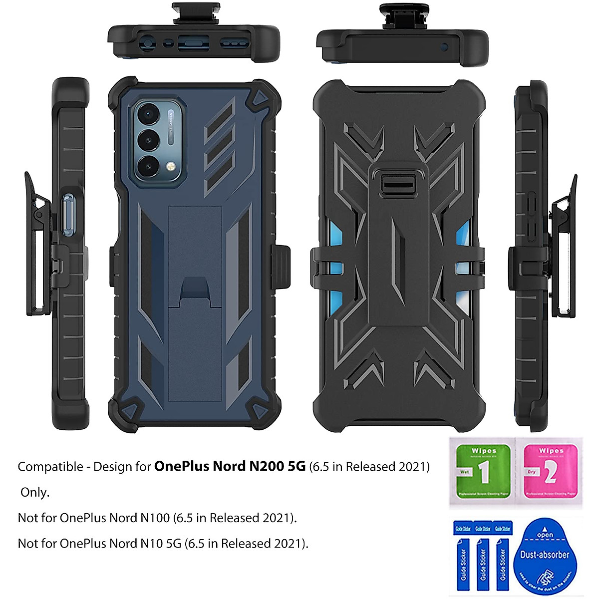 Ailiber Compatible with OnePlus Nord N200 5G Case, Nord N200 Case Holster with Screen Protector, Swivel Belt Clip Holster Kickstand Holder, Heavy Duty Armor Shockproof Cover for 1+ Nord N200-Blue