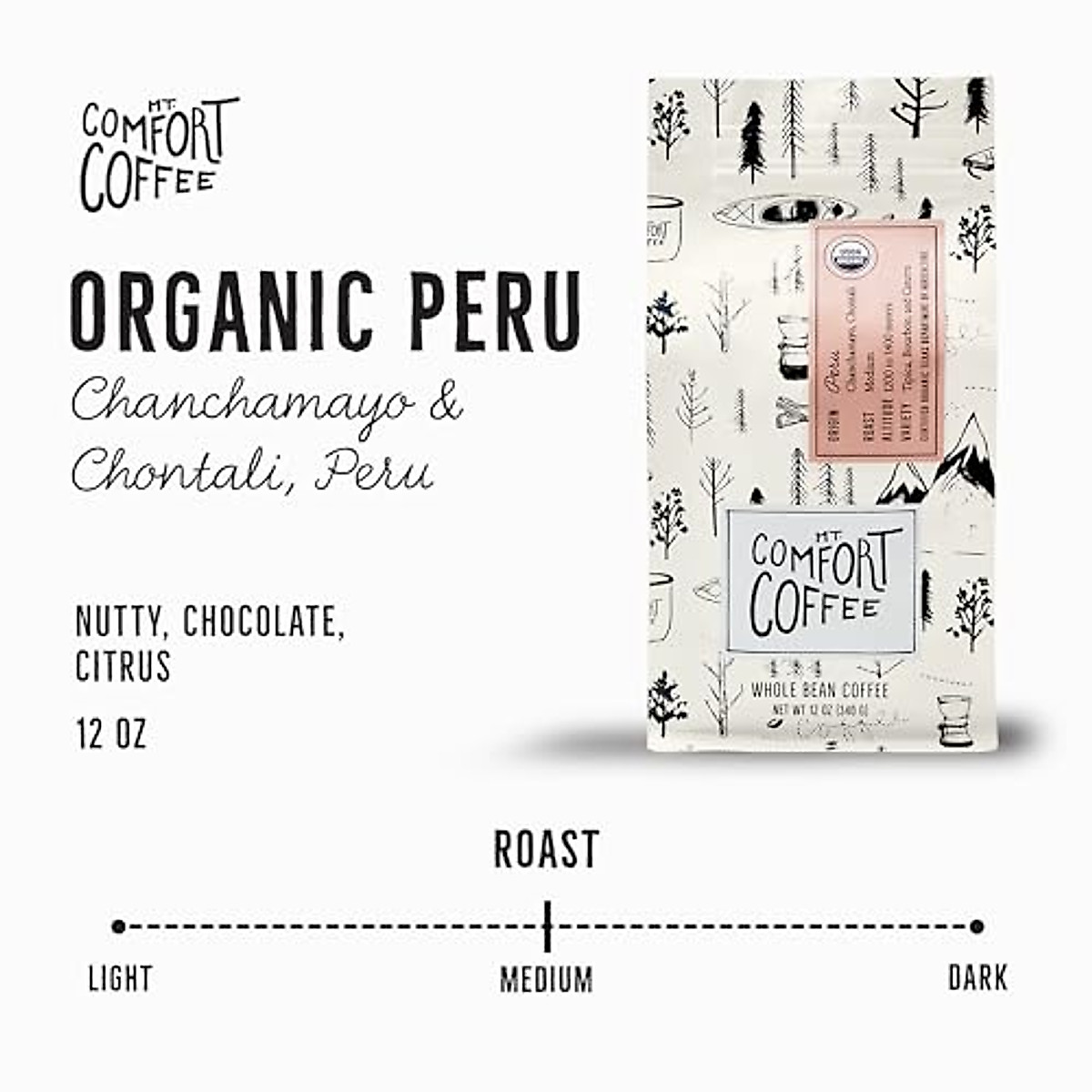 Mt. Comfort Coffee Organic Peru Medium Roast, 12 Ounce (Pack of 1) - Flavor Notes of Nutty, Chocolate, & Citrus - Sourced From Small, Peruvian Coffee Farms - Roasted Whole Beans