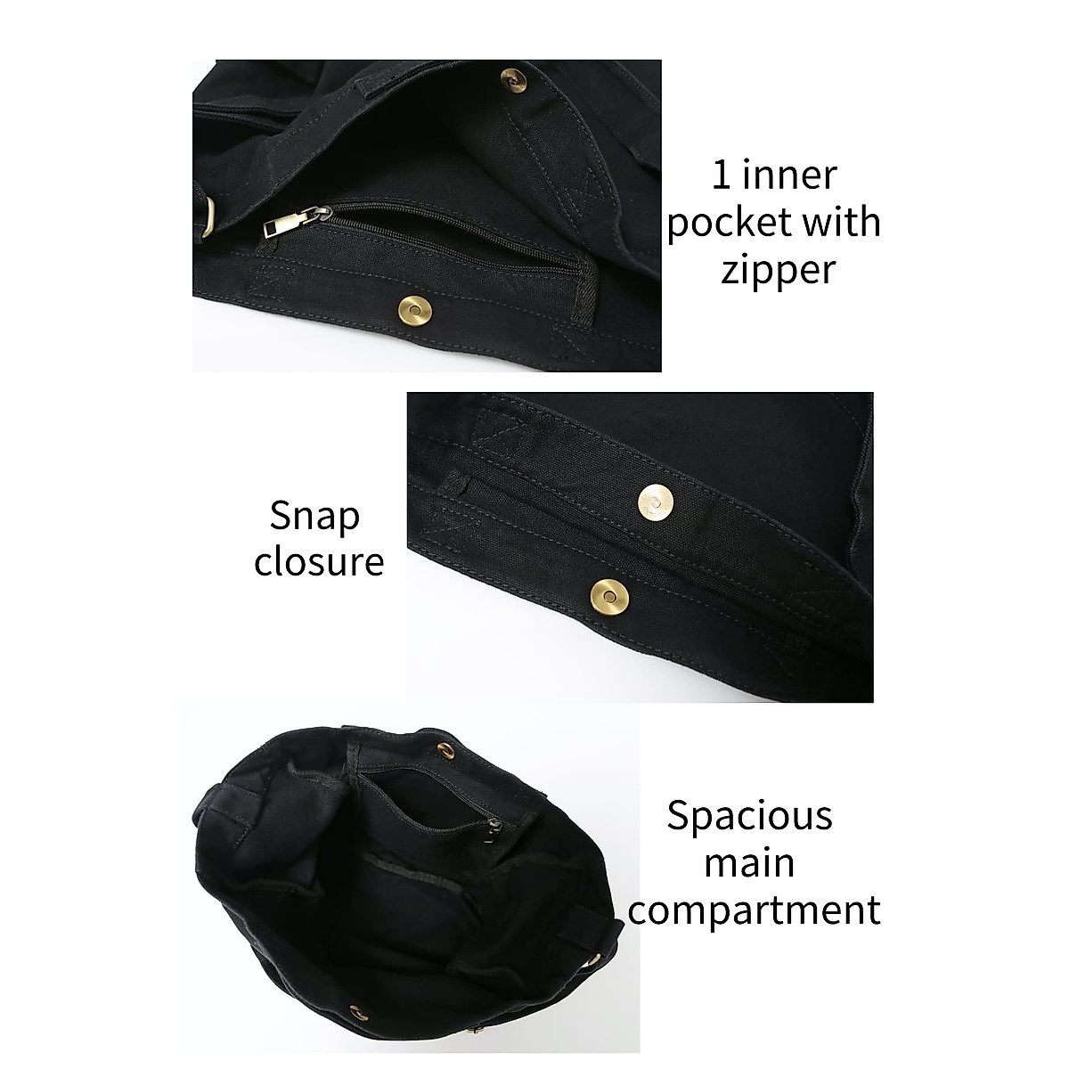 Jeelow 20oz Washed Canvas Tote Shoulder Crossbody Bags Purse Handbag For Men & Women Adjustable Strap (Black)