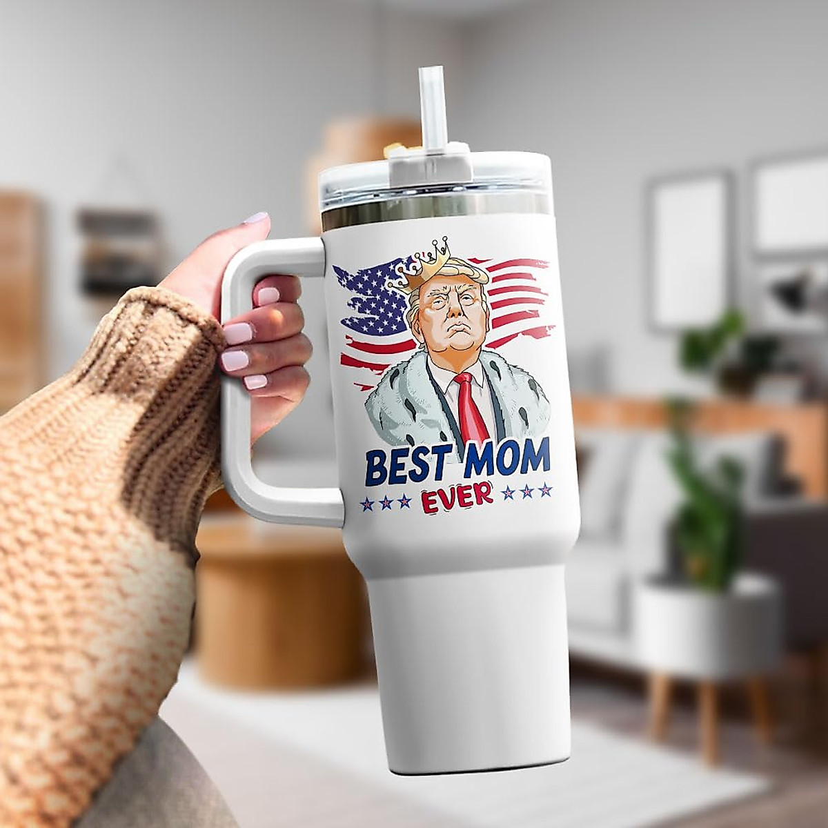 VAATOO Mama Eleven Funny To Mommy Mother Straws Day For Water Cups Modern Handle Simple, Trump Best Mom Gifts, Tumbler 40 Oz With Handle Lid And Straw, Trump Best Mom Ever Us