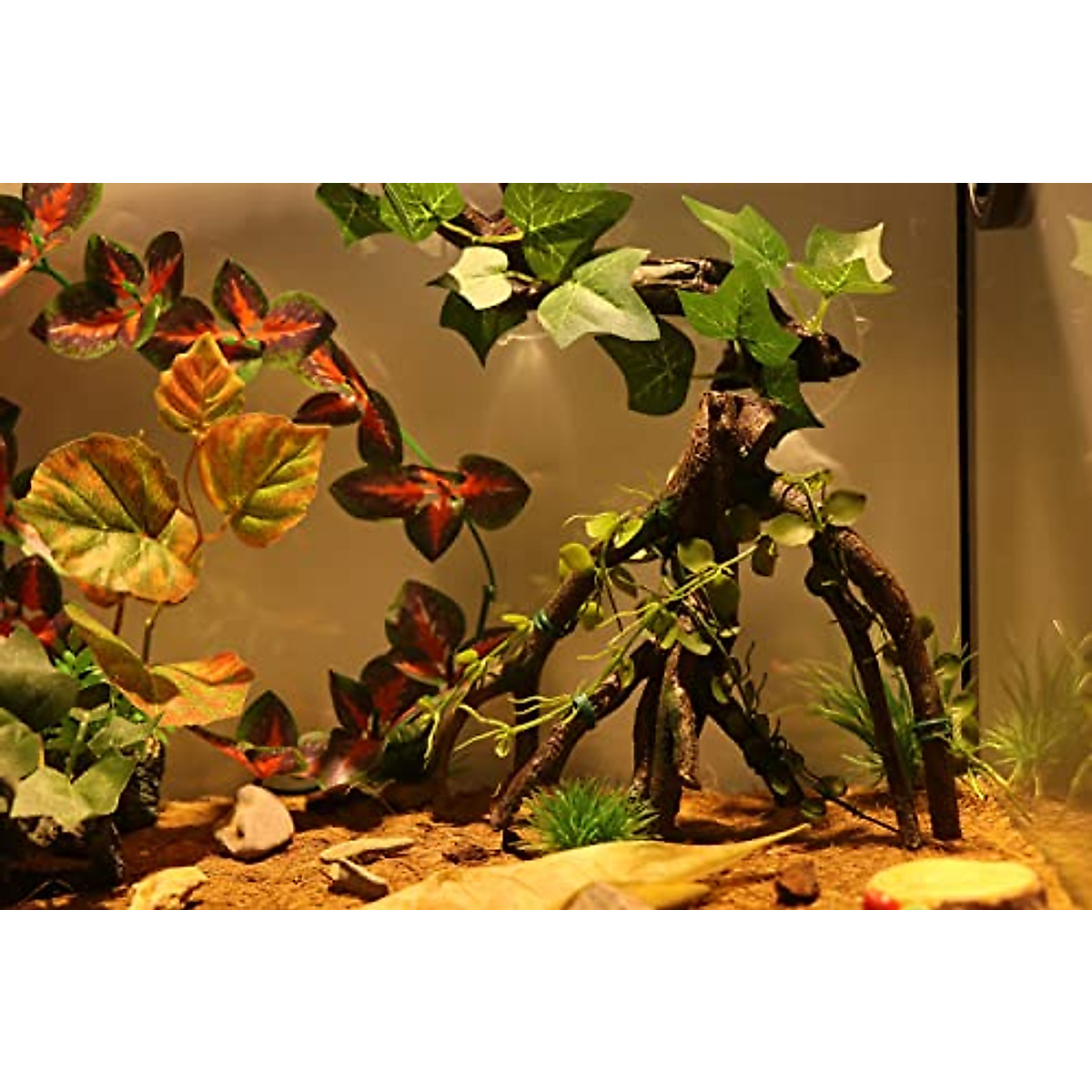 HRRIVE Reptile Corner Climbing Branch with Plant Leaves Terrarium Habitat Decoration for Bearded Dragon Lizard Snake Hermit Crab Crested Gecko Leopard Chameleon Frog Climbing Accessory
