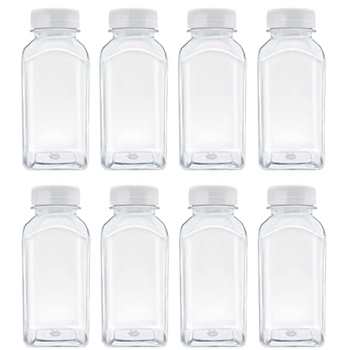 8 Pcs 8 Ounce Plastic Juice Bottles, Reusable Bulk Beverage Containers for Juice, Milk and Other Beverages, White lid