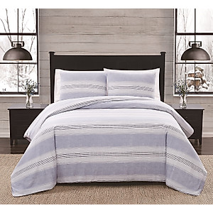 LONDON FOG - King 3 Piece Duvet + Sham Set - Plaid Flannel Collection - Blue Stripe