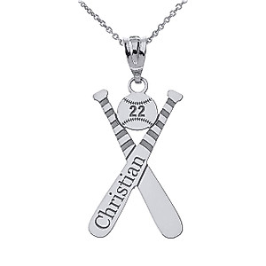 Certified 14k White Gold Personalized Baseball and Baseball Bat Cross Sports Necklace with Your Name and Number, 18"