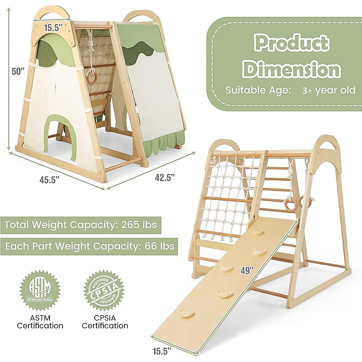Costzon Indoor Jungle Gym, 7-in-1 Montessori Climbing Toys for Toddlers with Slide, Climbing Net, Gymnastic Rings, Indoor Wooden Playground Climber Playset for Kids 3+ Years Birthday