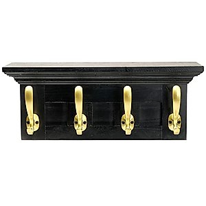 EXCELLO GLOBAL PRODUCTS Black 16" Coat Rack with 4 Gold Hooks: Ready to Hang Entryway Coatrack for Organization of Jackets, Hats, Scarves, Keys & Purses (Black)