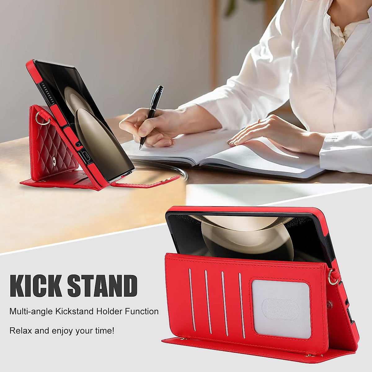 FHZXHY Wallet Case for Samsung Galaxy Z Fold 5 5G with Pen Slot Crossbody Strap Wrist Handbag Leather Button Purse Card Slots Holder Phone Case Galaxy Z Fold 5 Case for Women Girls-red