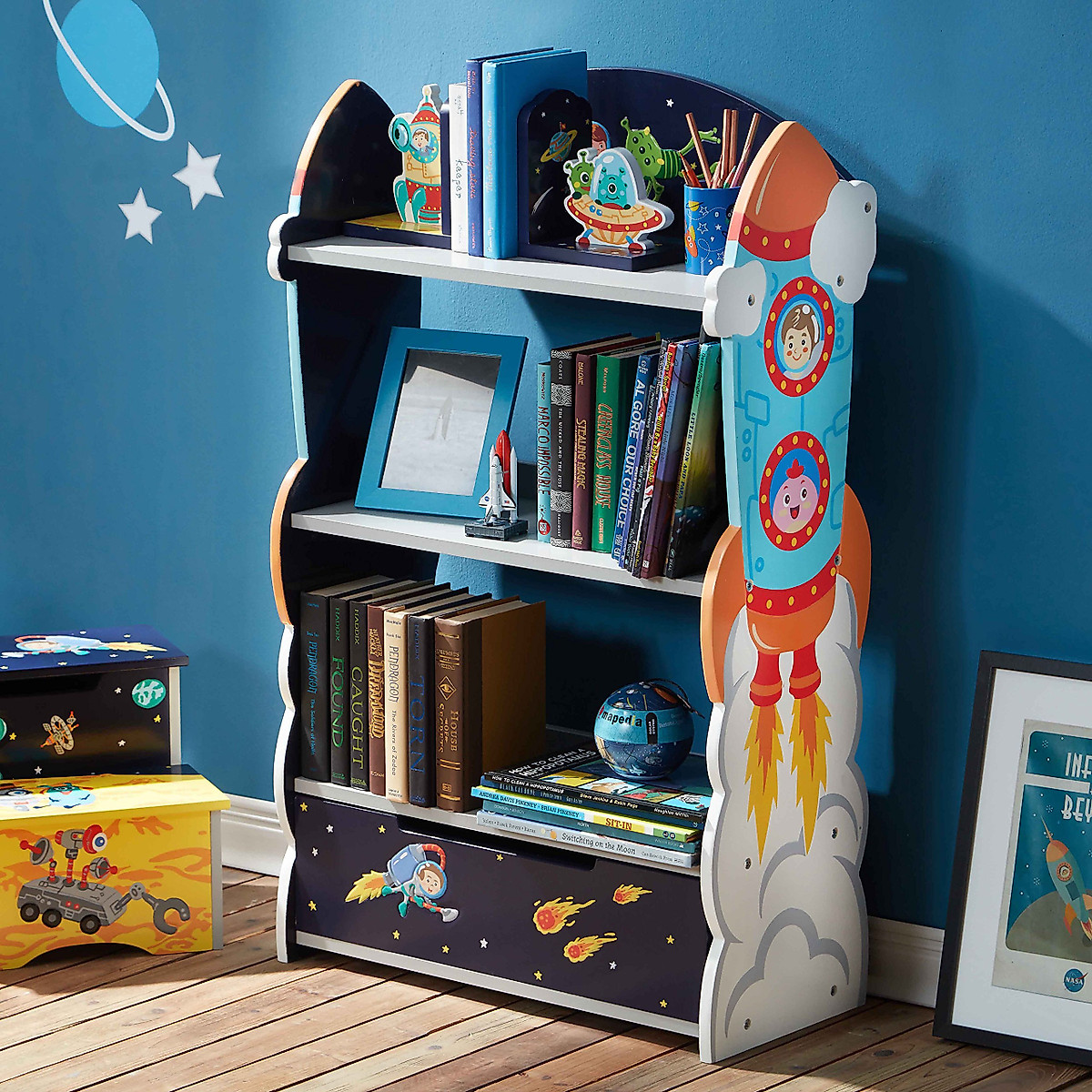 Fantasy Fields Outer Space 3 Tier Kids Bookcase, Wooden Kids Book Shelf with Hand Crafted Designs and Toy Storage Drawer, Blue