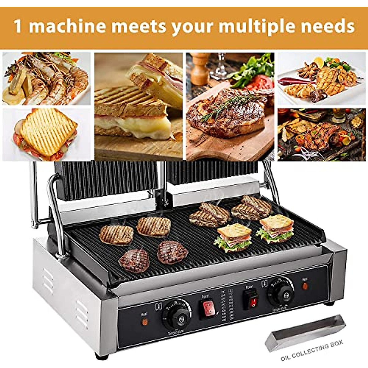 Commercial Sandwich Panini Press,110V 3600W Countertop Panini Grill,Non-Stick Full Grooved Plates Panini Press Grill,Temperature Control 122°F-572°F Electric Sandwich Maker for Hamburgers Steaks